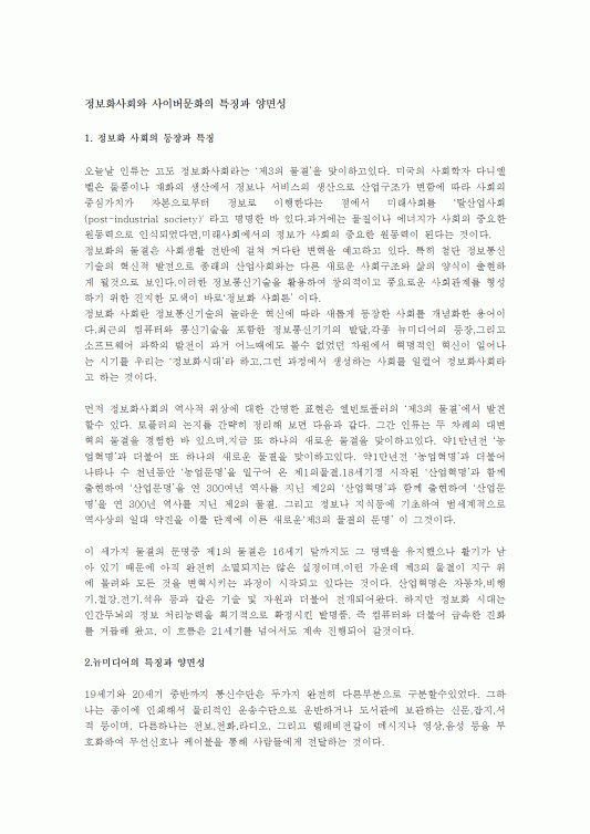 정보화사회와 사이버문화의 특징과 양면성
