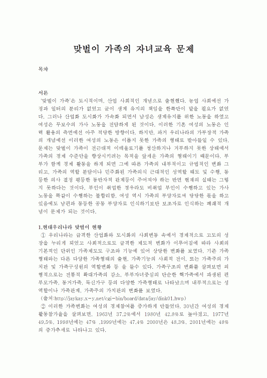 맞벌이 가족의 자녀교육 문제