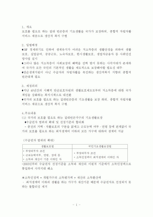 국민 기초 생활 보장제도에 대한 내용