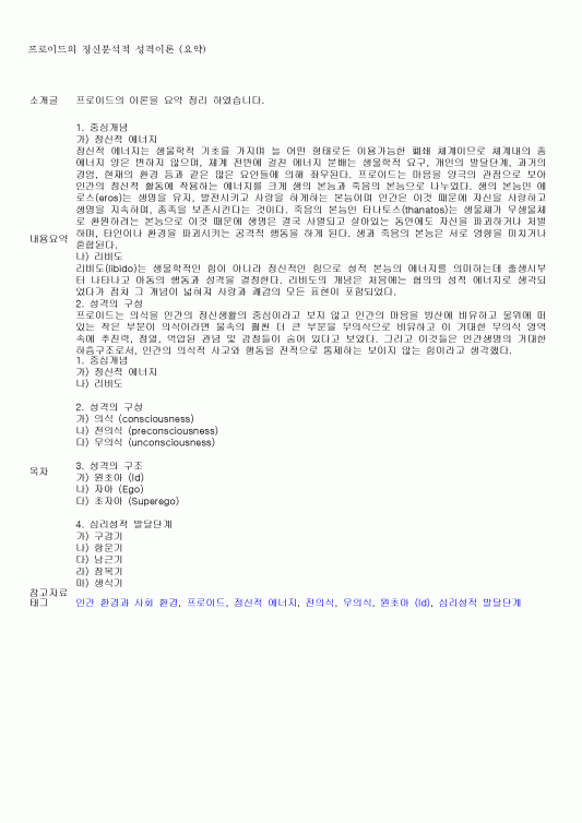 프로이드의  정신분석적 성격이론