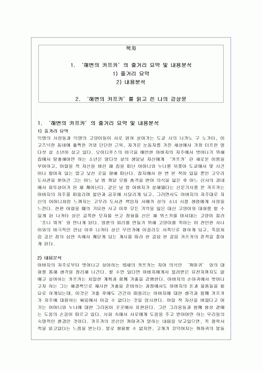 해변의 카프카에 대한 작품분석, 줄거리요약 및 나의 감상문(독후감)