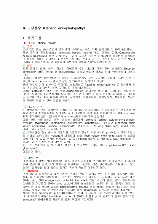 간성혼수(Hepatic encephalopathy)문헌고찰 및 간호