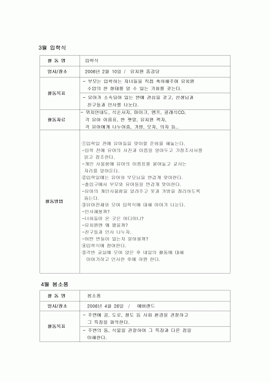 유아 연간행사 계획안