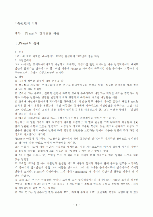 Piaget의 인지발달 이론 대학원 발표 과제