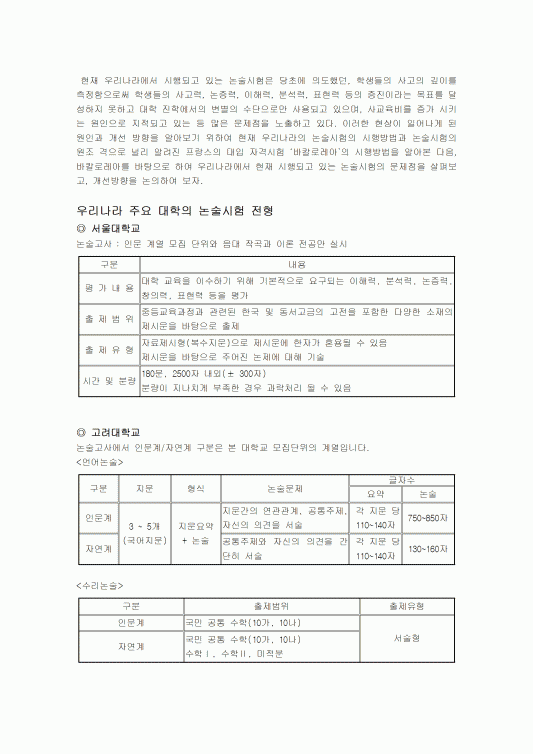 대학논술시험의 현황 및 문제점