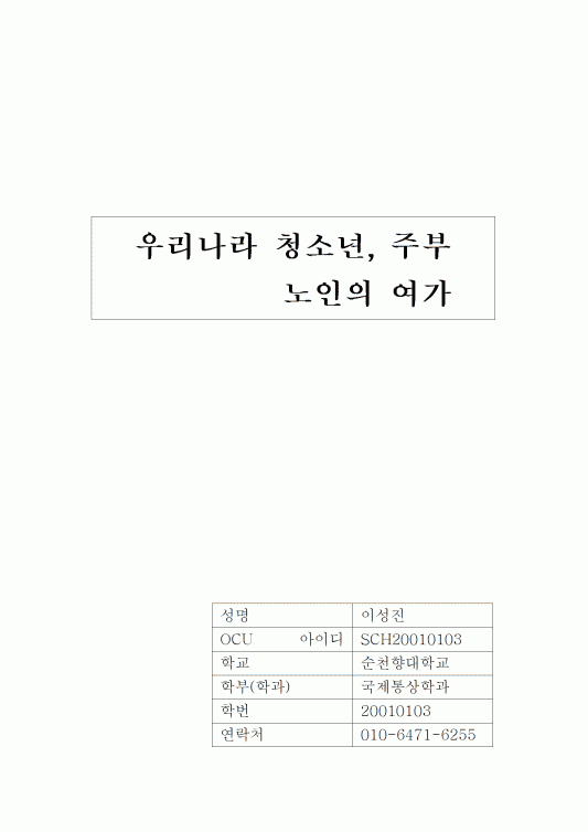 우리나라 청소년 주부 노인의 여가의 문제점 해결방안