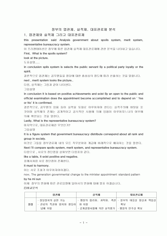 정부의 엽관제, 실적제, 대표관료제 분석
