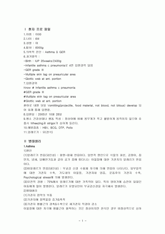 아동 천식과 위식도 역류 케이스 스터디(간호과정)