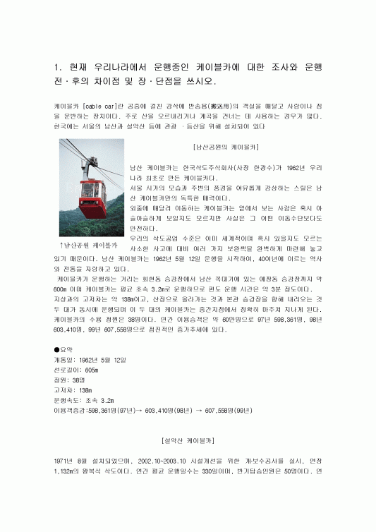 현재 우리나라에서 운행중인 케이블카에 대한 조사와 운행 전·후의 차이점 및 장·단점