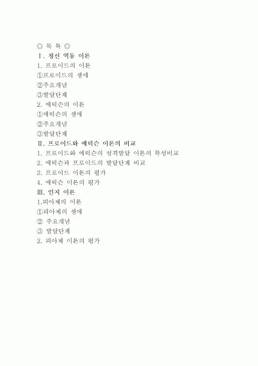 피아제, 에릭슨, 프로이드 이론의 설명과 비교