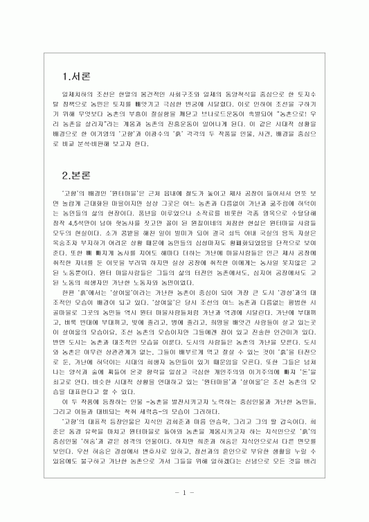 농촌소설소설 이기영 <고향>과 이광수의 <흙>을 비교 감상 및 분석하기