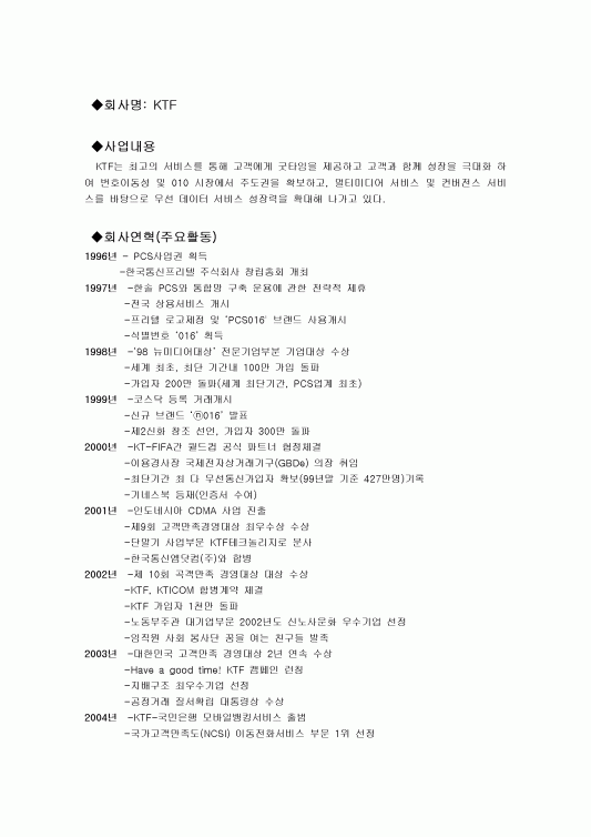 KTF의 연혁 복리후생프로그램 사업내용 회사연혁 주요활동  조직구조