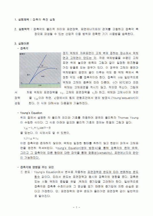 [화학공업실험] 접촉각 측정 실험 예비레포트