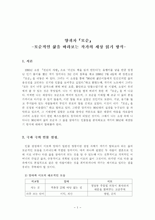 양귀자『모순』-모순적인 삶을 바라보는 작가의 세상읽기 방식-