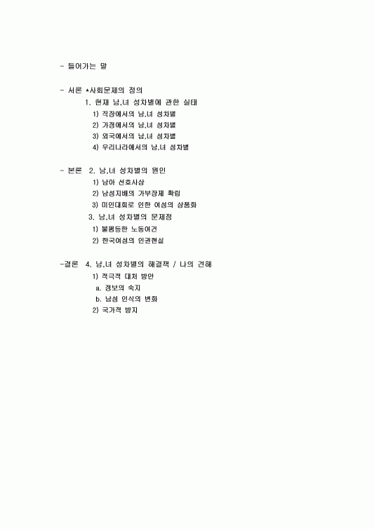 남녀 성차별에 관한 문제점, 원인, 해결책과 나의 견해