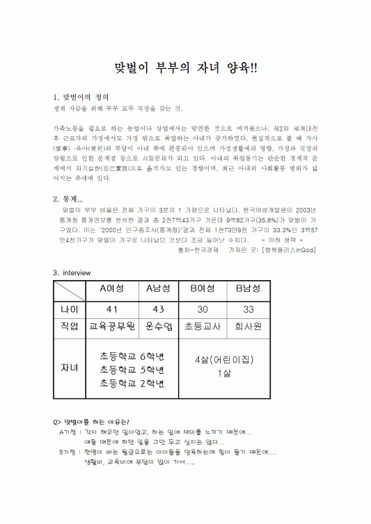 맞벌이 부부의 자녀돌봄