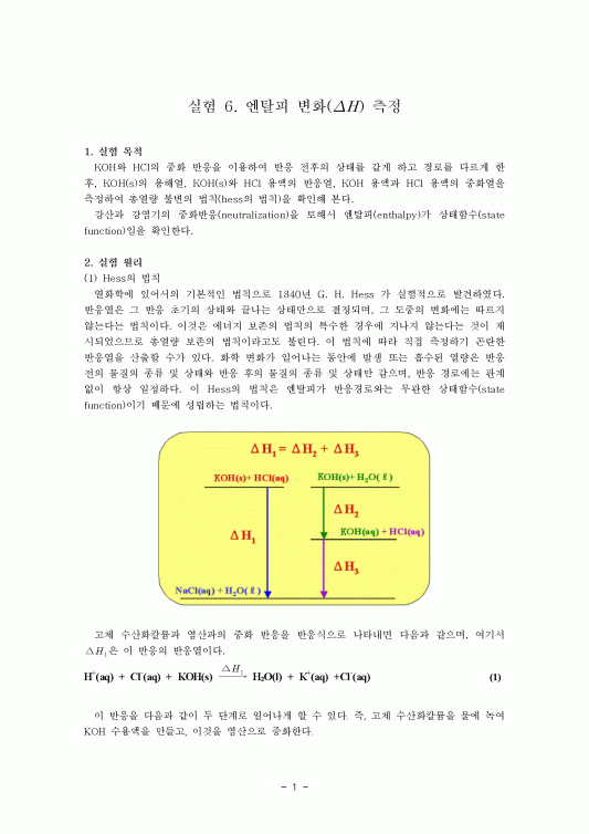 엔탈피의 변화 측정 예비보고서 및 결과보고서