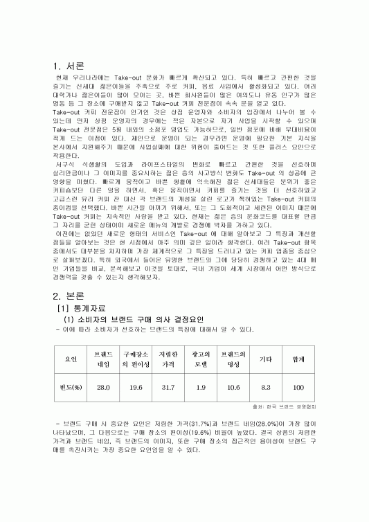테이크아웃 커피전문점의 브랜드별 경영전략 비교 및 분석-SWOT분석,4P(Starbucks, Coffee Bean, Pascucci & Hollys Coffee, Rosebud)