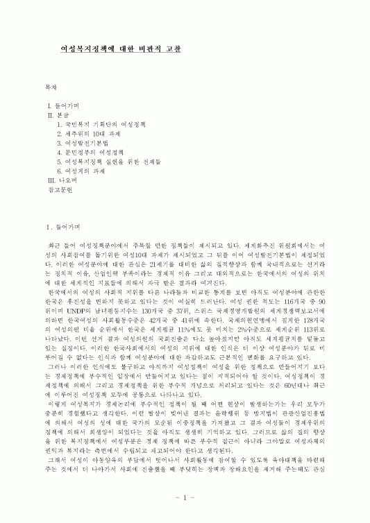여성복지 정책에 대한 비판적 고찰