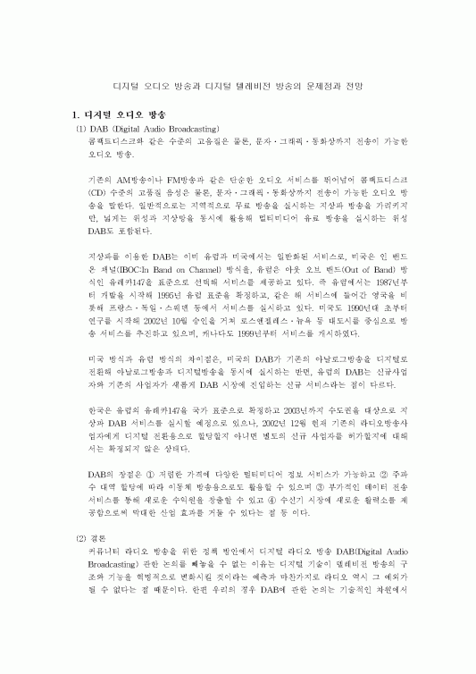 디지털 오디오 방송과 디지털 텔레비전 방송의 문제점과 전망
