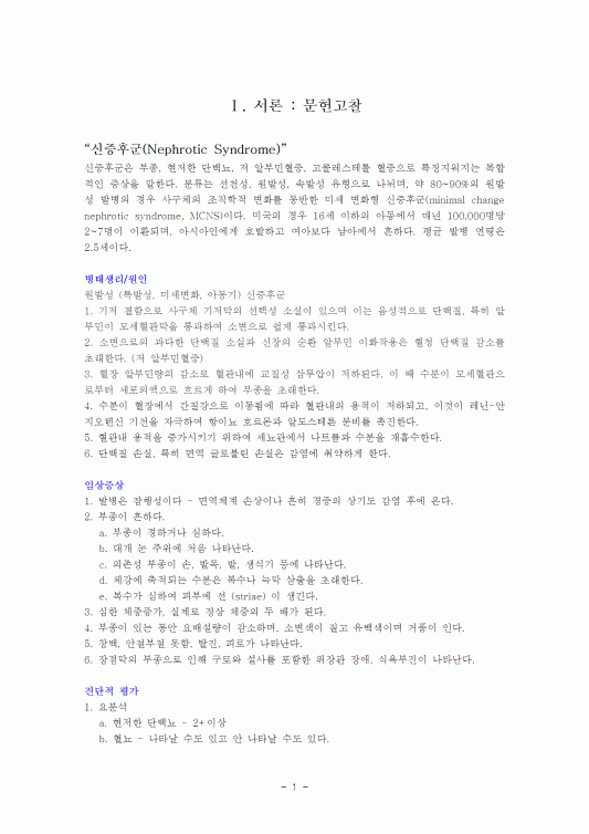 [아동간호] 신증후군 케이스