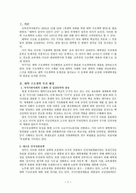 교육부의 대학 구조개혁의 내용과 그에 대한 비판
