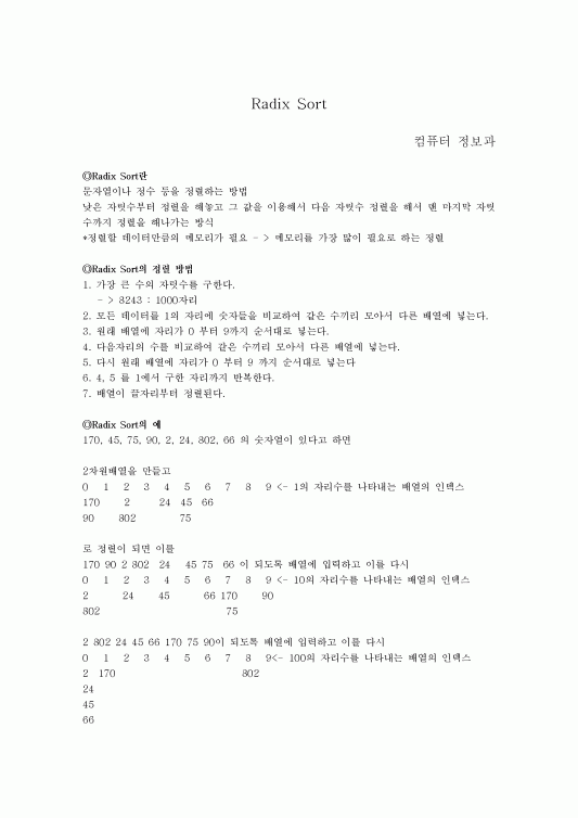 Radix Sort의 정의로 예제
