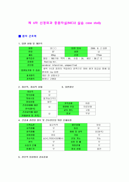 신경외과 중환자실(NICU) 실습 case study (뇌경색)