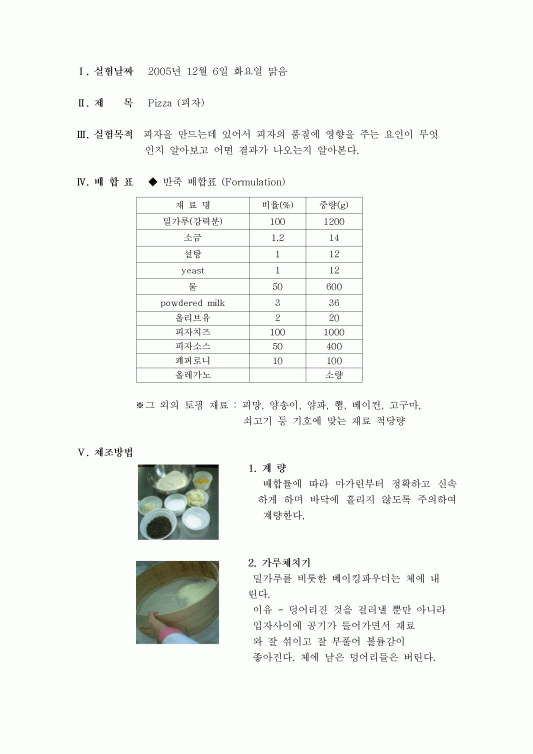 피자 제조공정 및 피자의 품질에 영향을 주는 요인