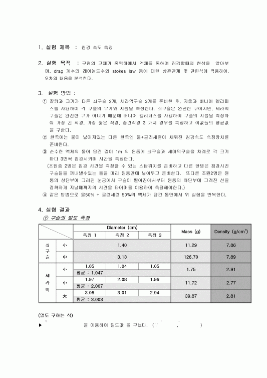 침강 속도 측정 결과보고서