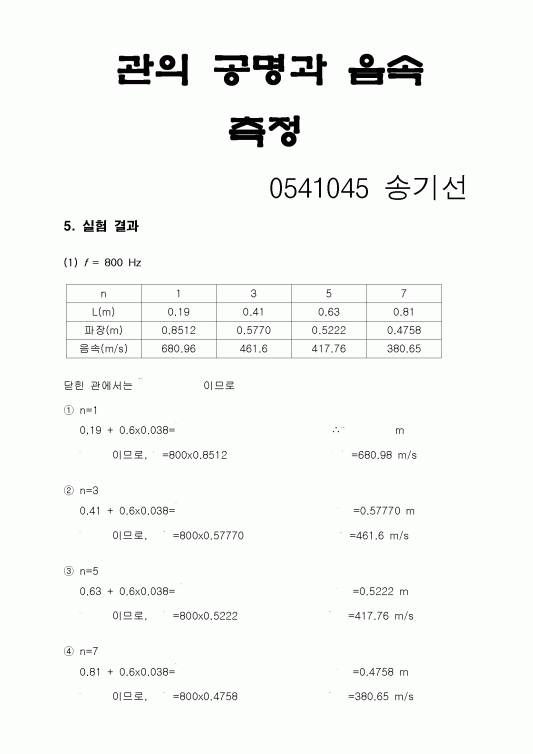 관의 공명과 음속 측정 결과레포트