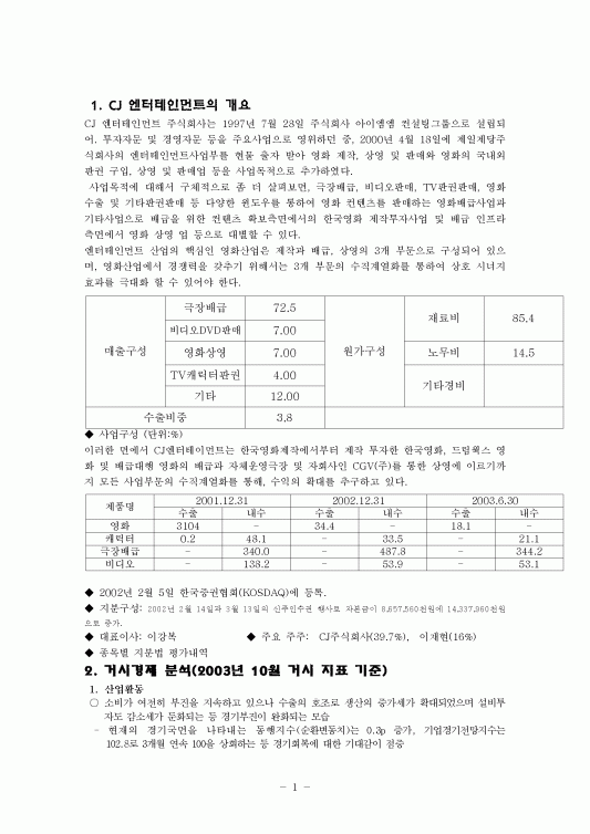 CJ 엔터테인먼트 기업 분석