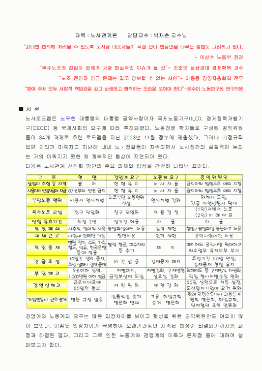 노사관계 법‧제도 선진화 방안의 타결(로드맵)