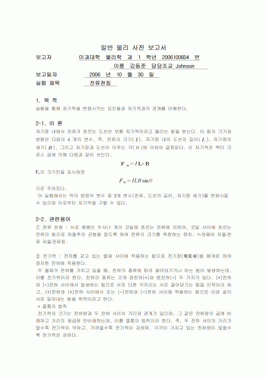 전류천칭 실험 사전 보고서