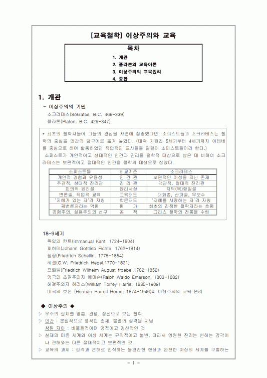 [교육철학] 이상주의와 교육에 대해서