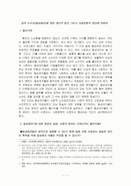 성적 소수자(동성애자)에 대한 개인적 편견 그리고 사회문화적 편견에 관하여