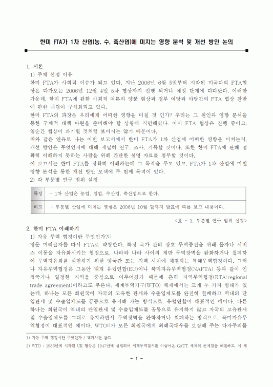 한미 FTA가 1차 산업(농업 , 수산업 , 축산업)에 미치는 영향 분석 및 개선 방안 논의