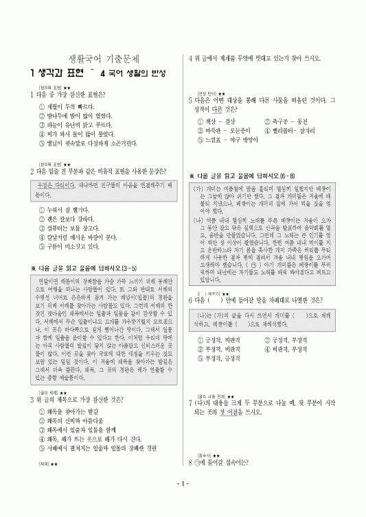 [과외]중학 국어 1-1학기 중간 1-4단원 생활국어 기출문제