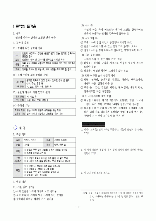 [과외]중학 국어 1-1학기 중간 1단원 문학의 즐거움 예상문제