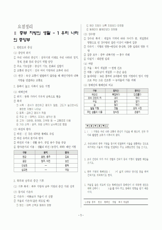 [과목]중학 사회 1-1학기 중간 02 중부지방의 생활