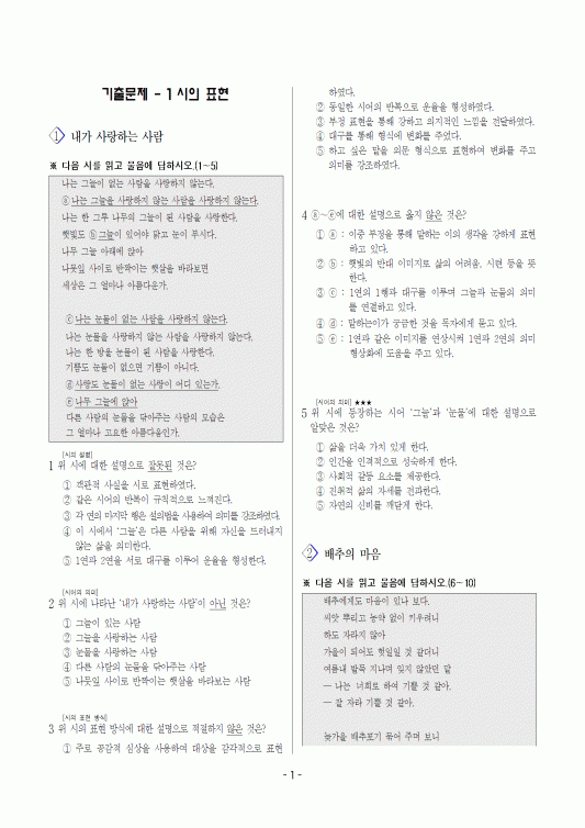 [과외]중학 국어 3-1학기 중간 1단원 시의 표현 기출문제