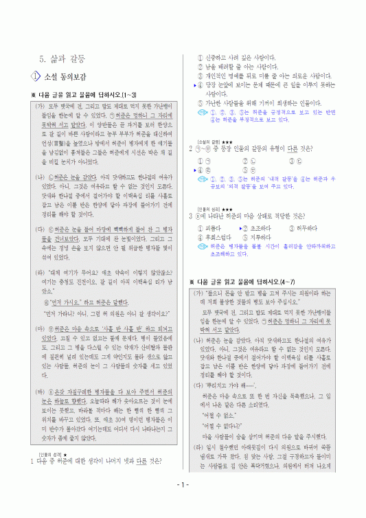 [과외]중학 국어 1-1학기 기말 5단원 삶과 갈등 기출문제(교사용)