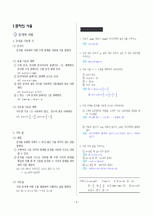 [과외]중학 수학 1-1학기 기말 03 문자의 사용(교사용)