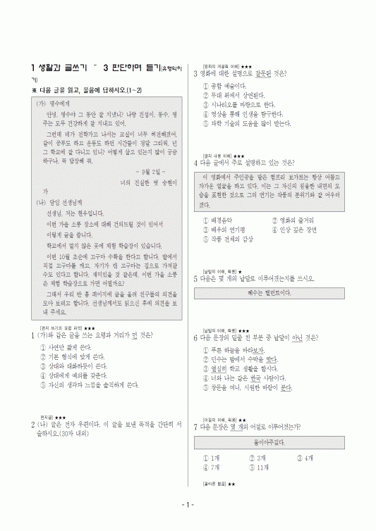 [과외]중학 국어 1-2학기 중간 3단원-생활 속의 글쓰기