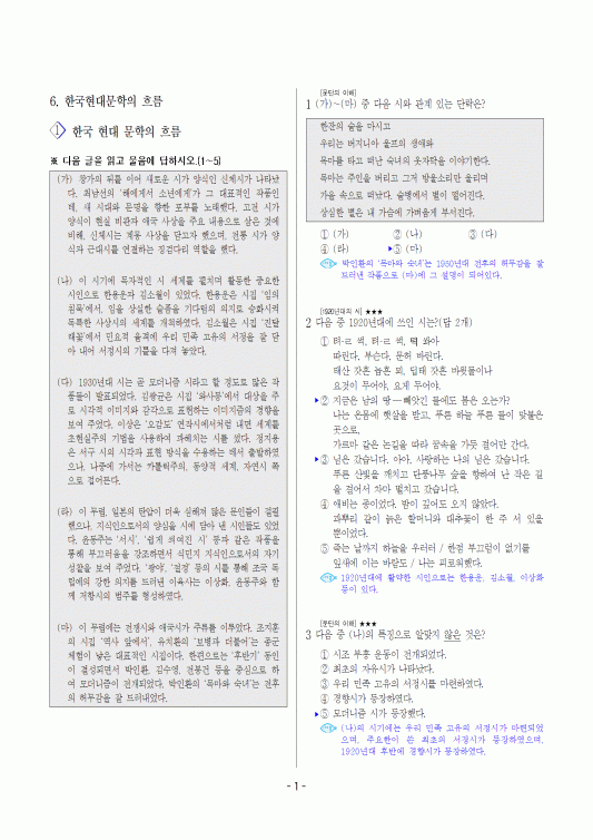 [과외]중학 국어 3-1학기 기말 6단원 한국 현대문학의 흐름 기출문제(교사용)