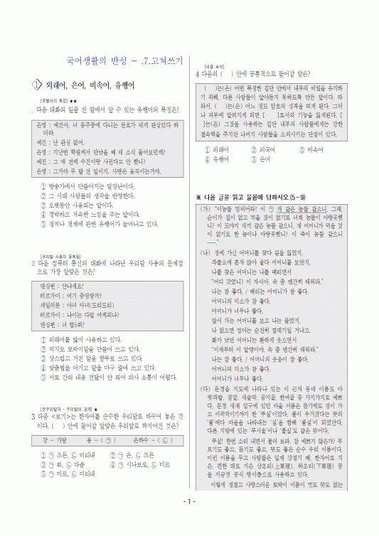 [과외]중학 국어 1-1학기 기말 4-7단원 생활국어 기출문제