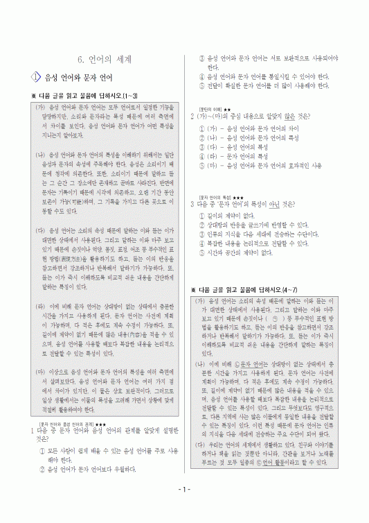 [과외]중학 국어 1-1학기 기말 6단원 언어의 세계 기출문제