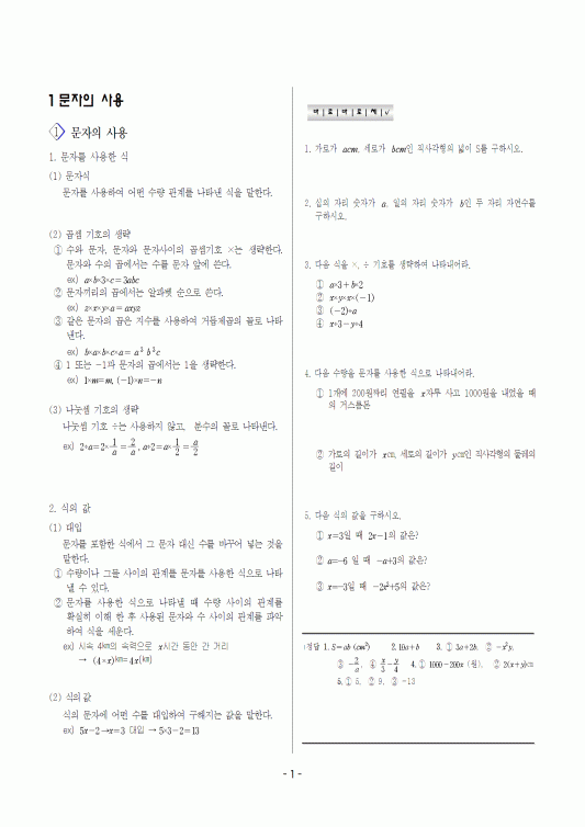 [과외]중학 수학 1-1학기 기말 03 문자의 사용