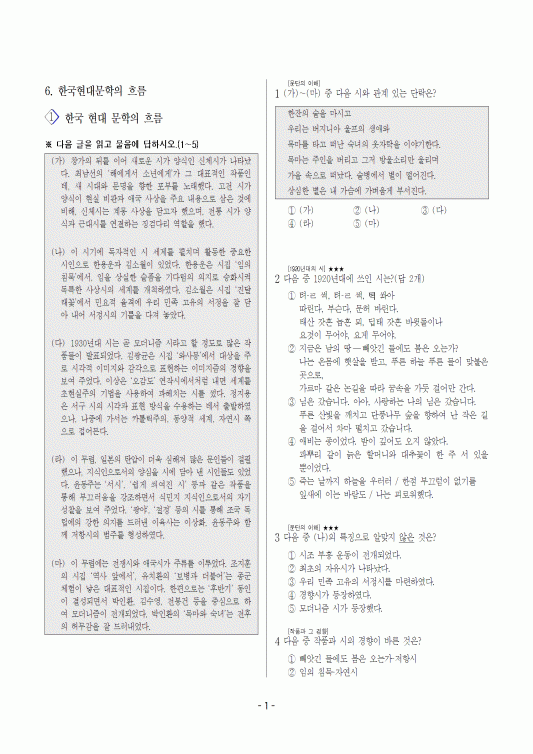 [과외]중학 국어 3-1학기 기말 6단원 한국 현대문학의 이해 기출문제