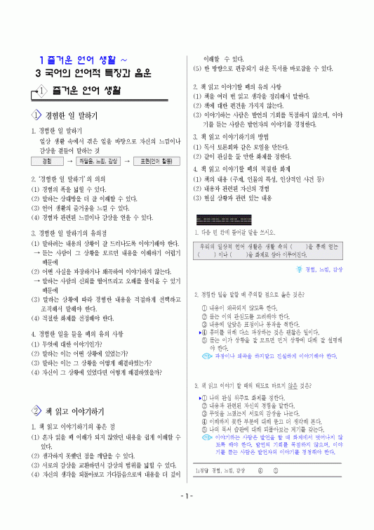 [과외]중학 국어 2-1학기 중간 1-3단원 생활국어 예상문제(교사용)